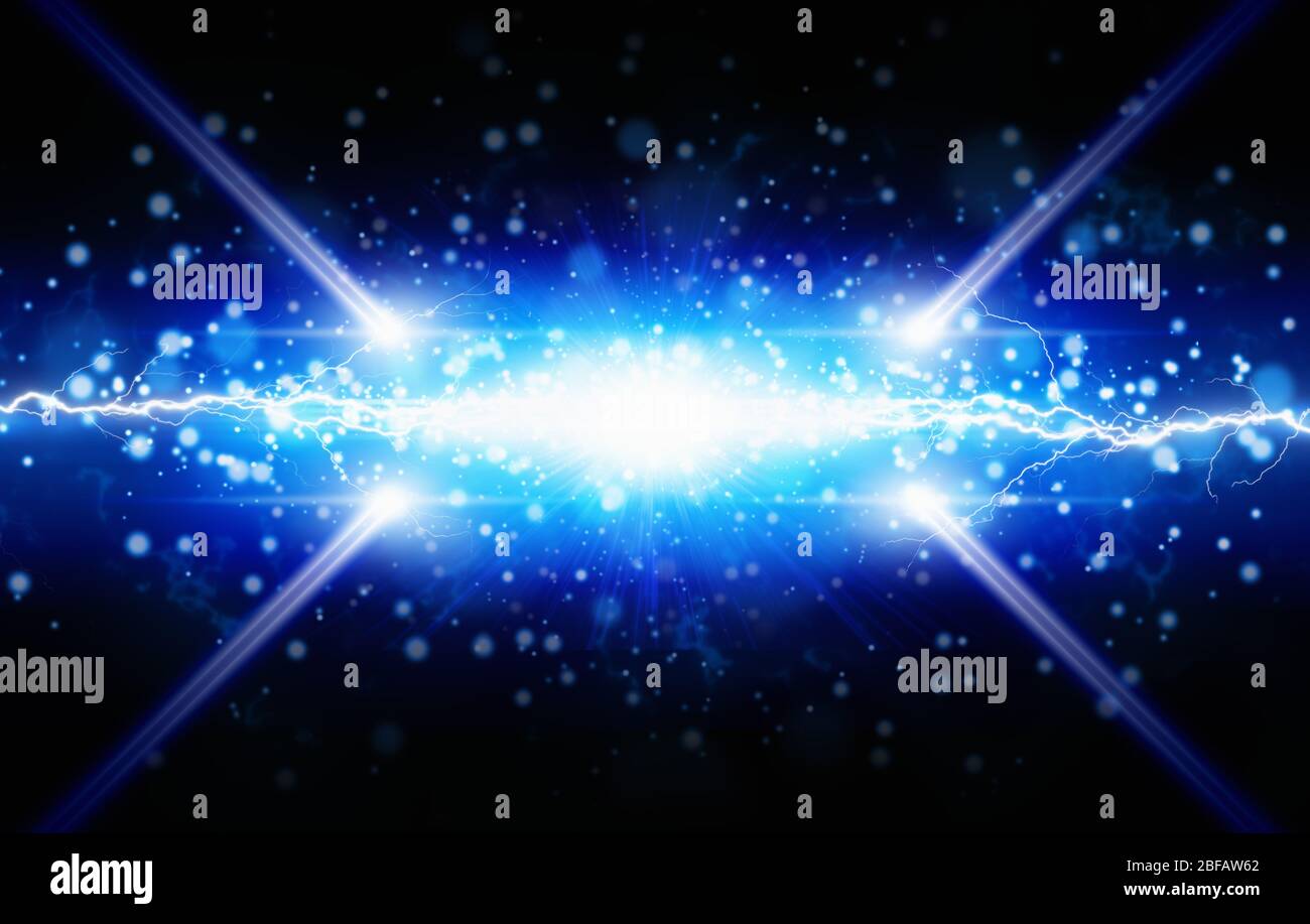 Flash of blue light on black background, two bright powerful lightnings ...