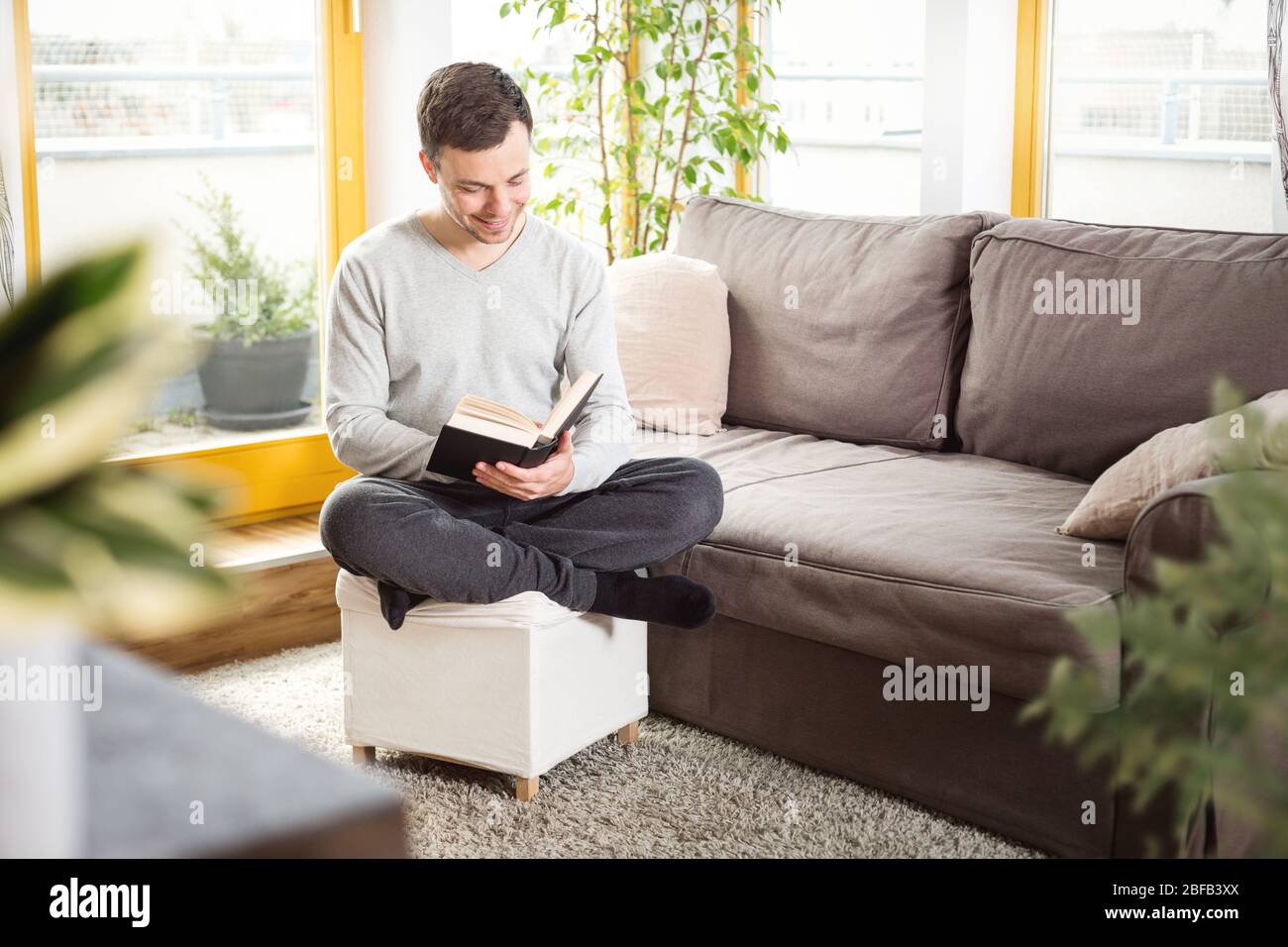 Man in his living room reading a book Stock Photo - Alamy