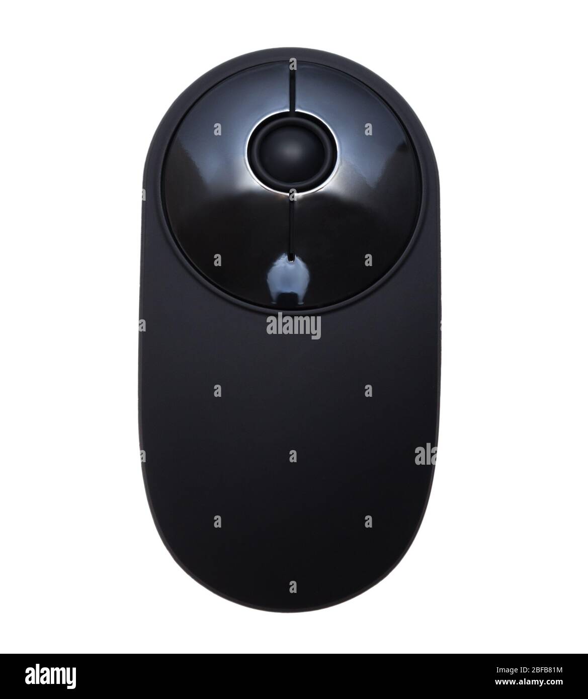 Black wireless mouse with round scroll wheel isolated on white ...