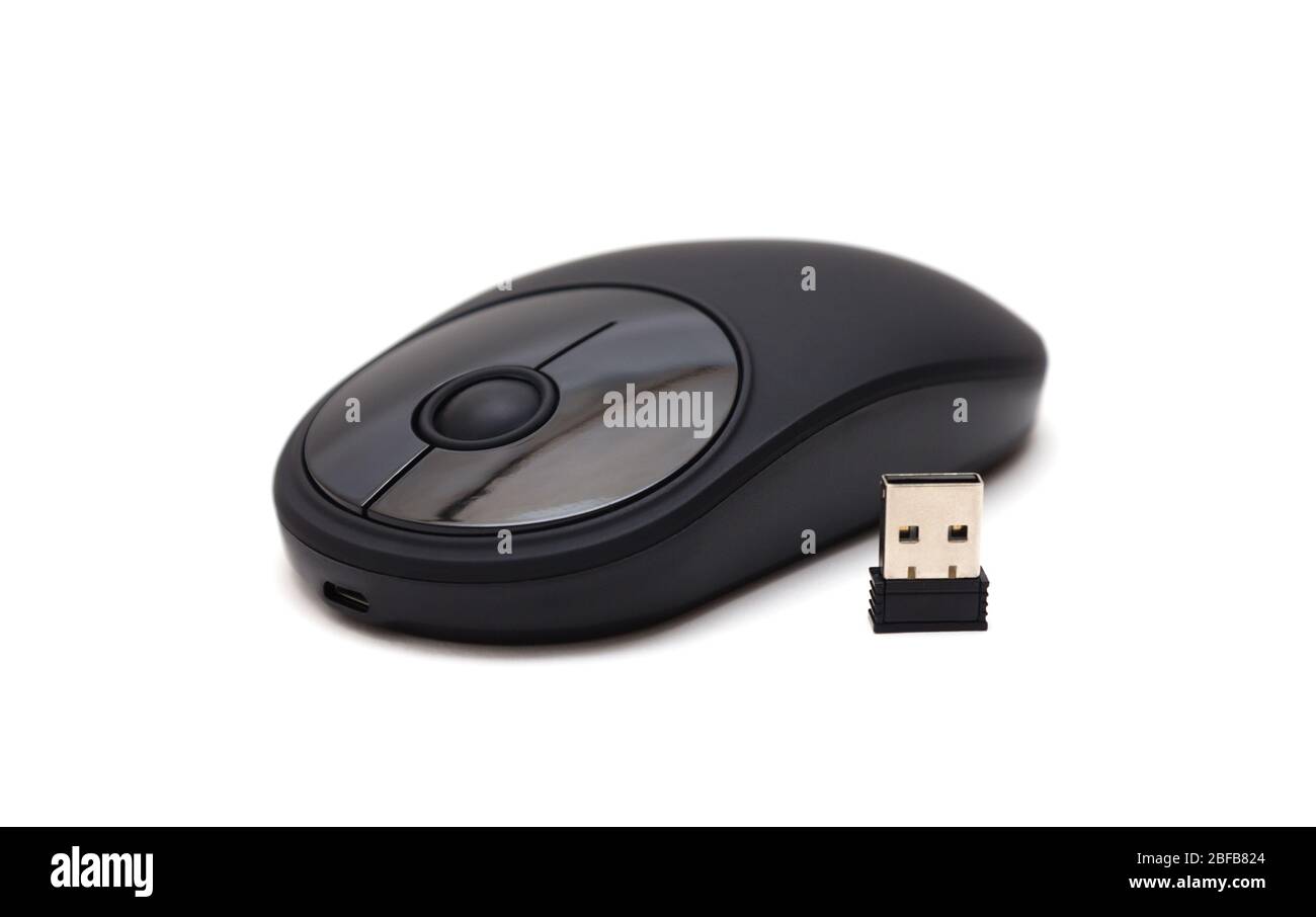 Black glossy wireless mouse with round scroll wheel and transmitter ...