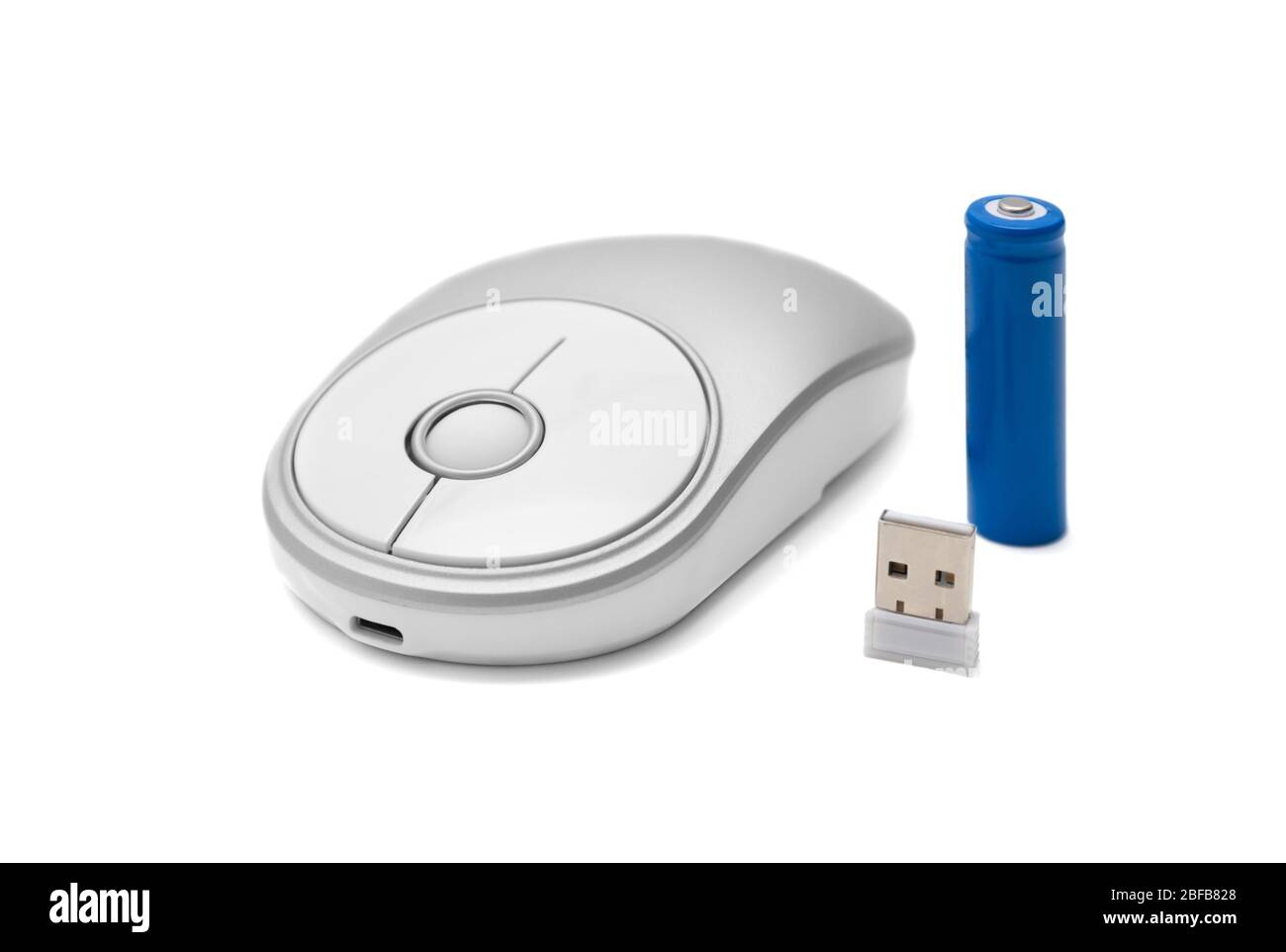 Silver glossy wireless mouse with round scroll wheel, transmitter and ...