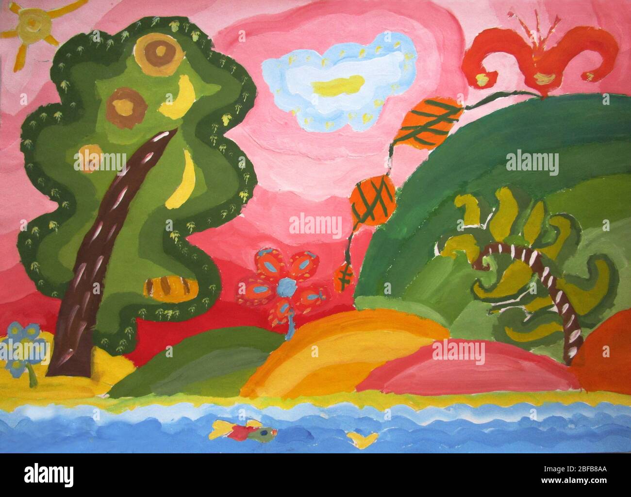 Fantasy colorful pink landscape with a lake, gouache illustration Stock ...