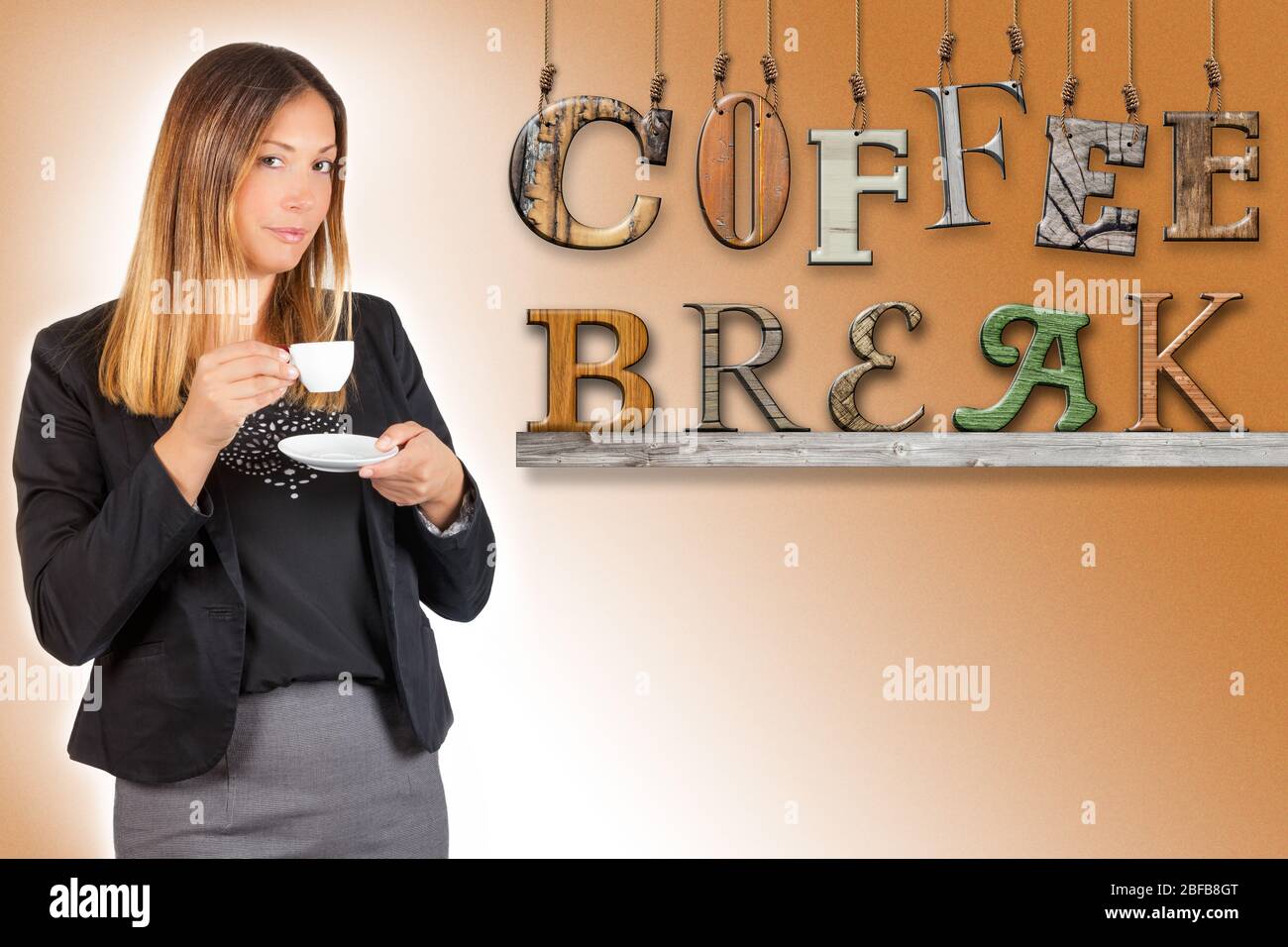 Woman drinking coffee with text coffee break hanging on faded gradient ...