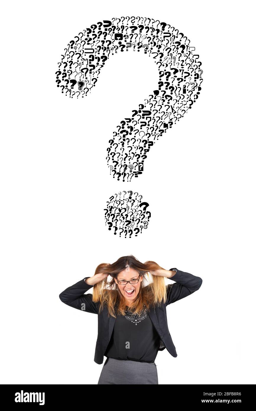 Stressed business woman pulling hair, big question mark above. Stress ...