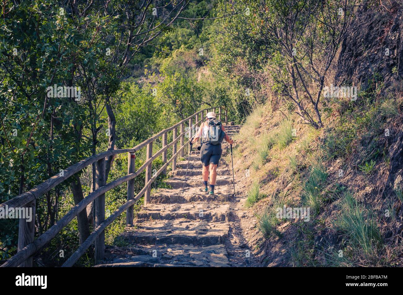 Tourist woman is hiking up steps of pedestrian stone path trail stairs ...