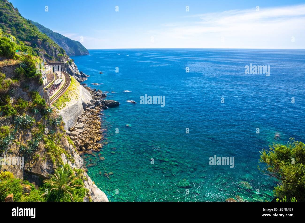 Aerial top panoramic view of Ligurian Sea and Manarola train station ...