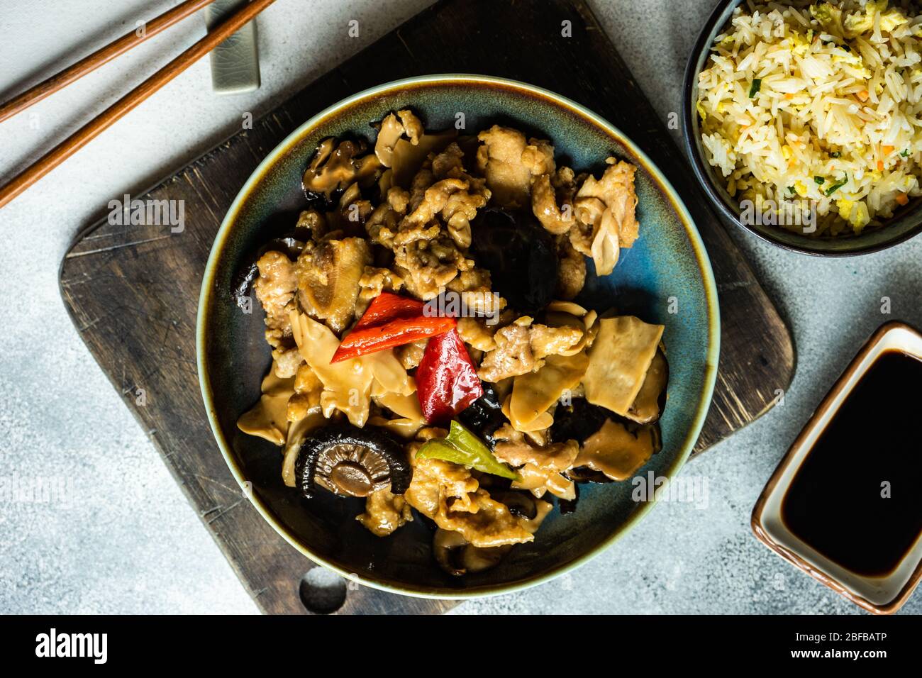 Traditional chinese food chicken with mushrooms and vegetables served ...