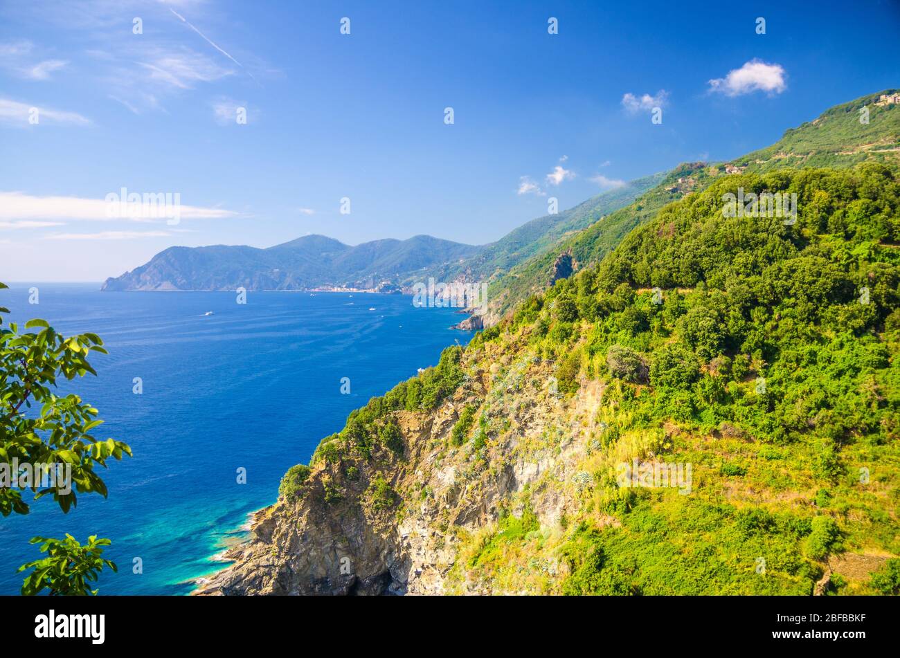 Aerial top panoramic view of green hills, rocks, cliffs and Gulf of ...