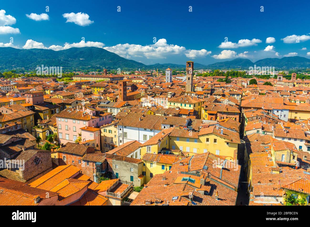Aerial top panoramic view of historical centre medieval town Lucca with ...