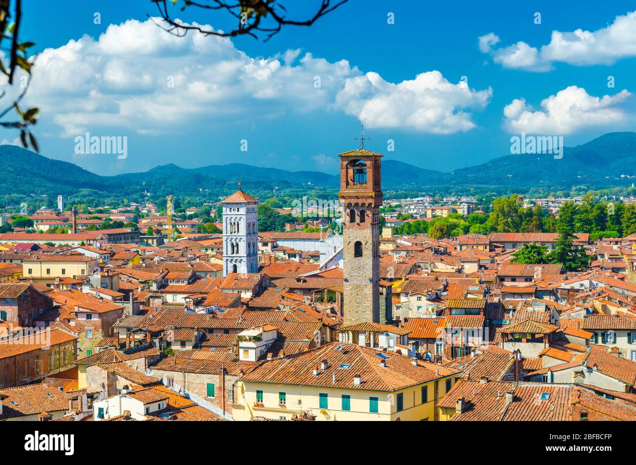 Aerial top panoramic view of historical centre medieval town Lucca with ...