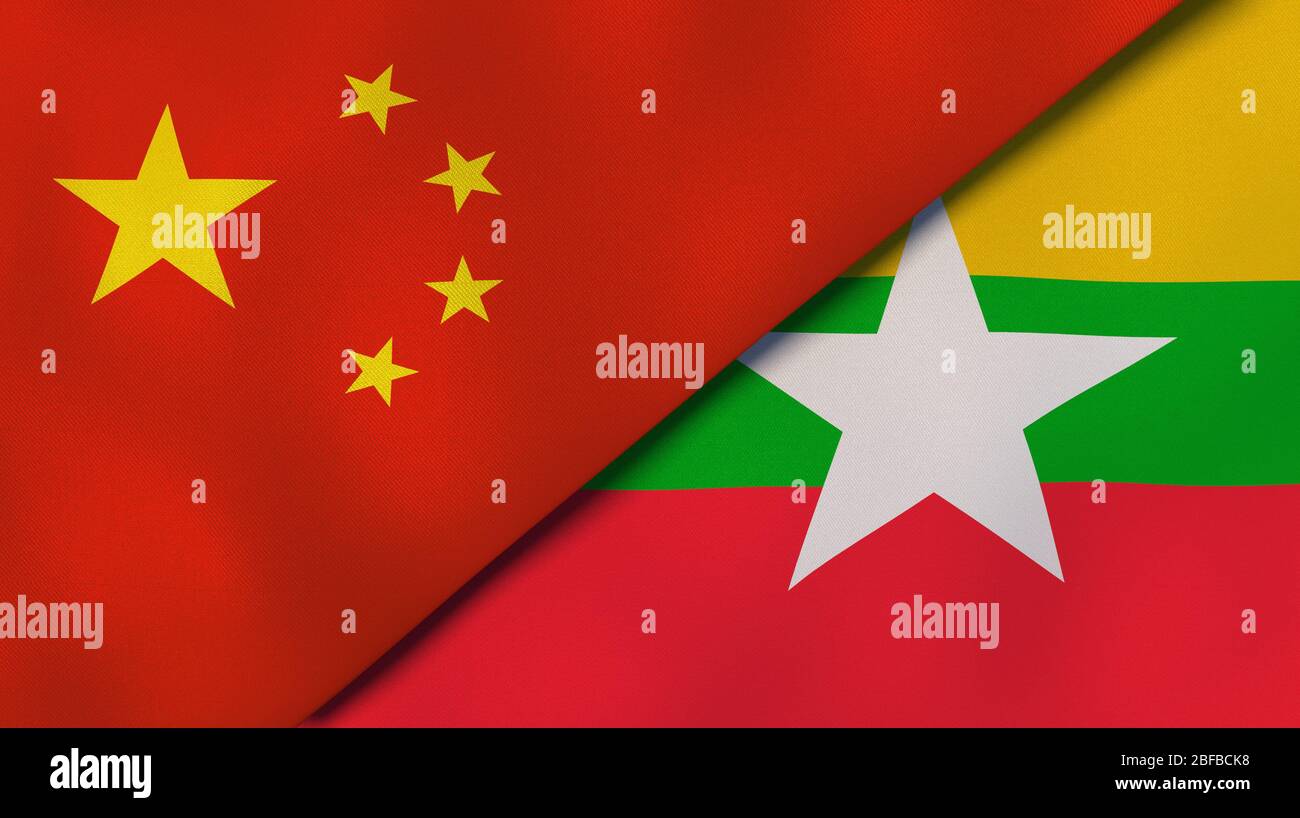 Two states flags of China and Myanmar. High quality business background ...