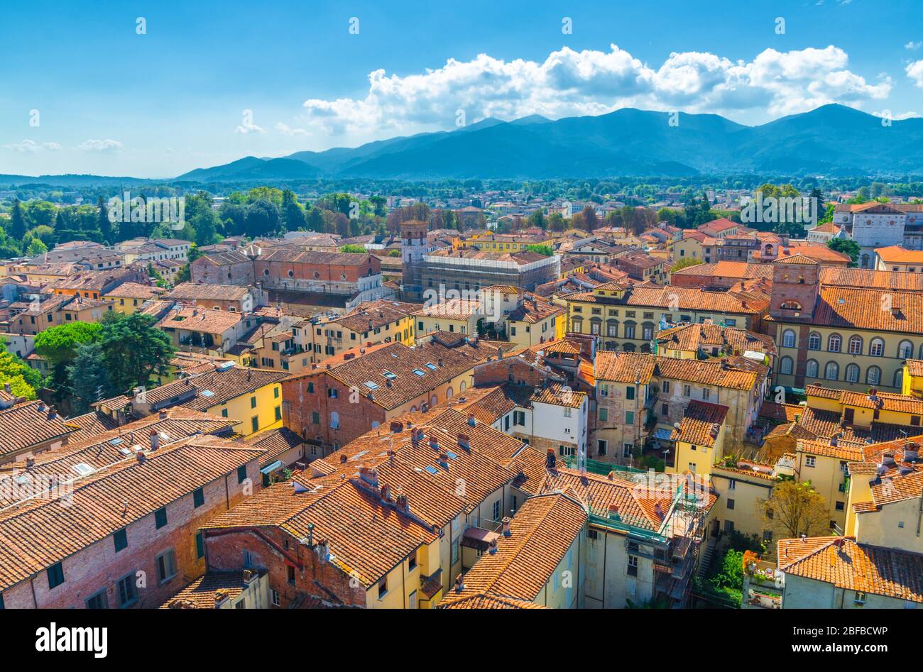 Aerial top panoramic view of historical centre medieval town Lucca with ...