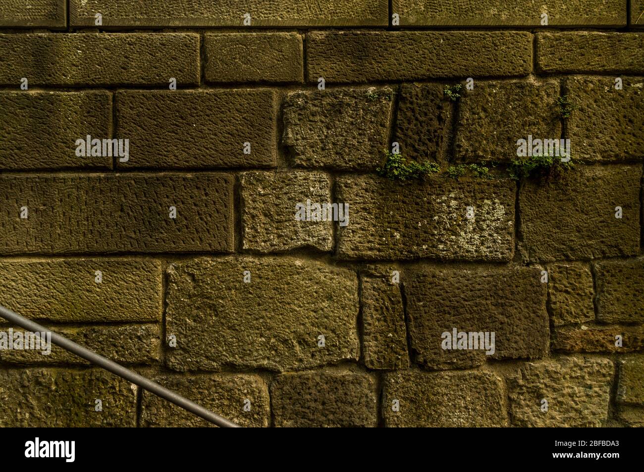 Sandstone wall as cheek of a staircase with handrail and green ...