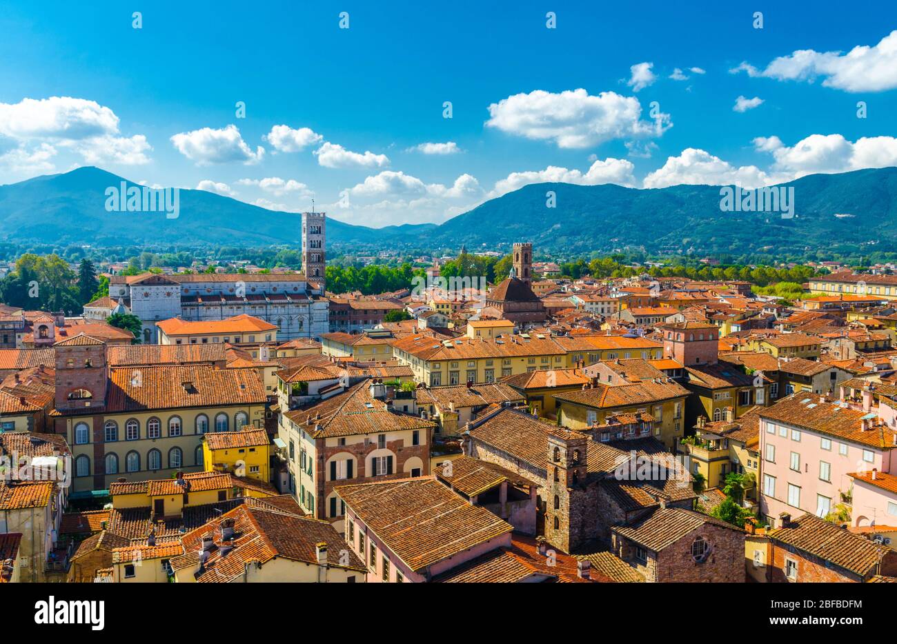 Aerial top panoramic view of historical centre medieval town Lucca with ...