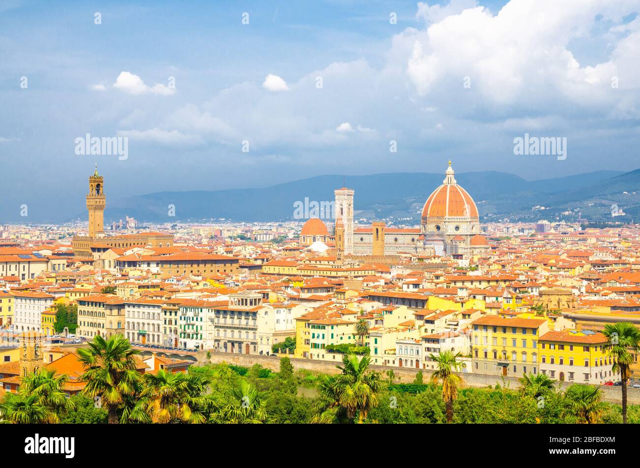 Top aerial panoramic view of Florence city with Duomo Cattedrale di ...