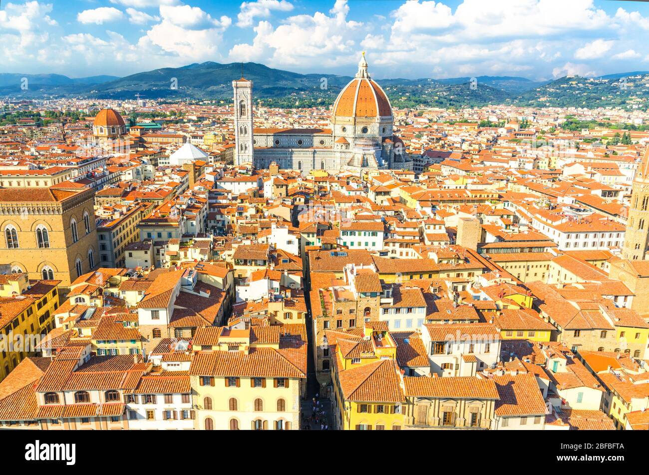 Top aerial panoramic view of Florence city with Duomo Cattedrale di ...