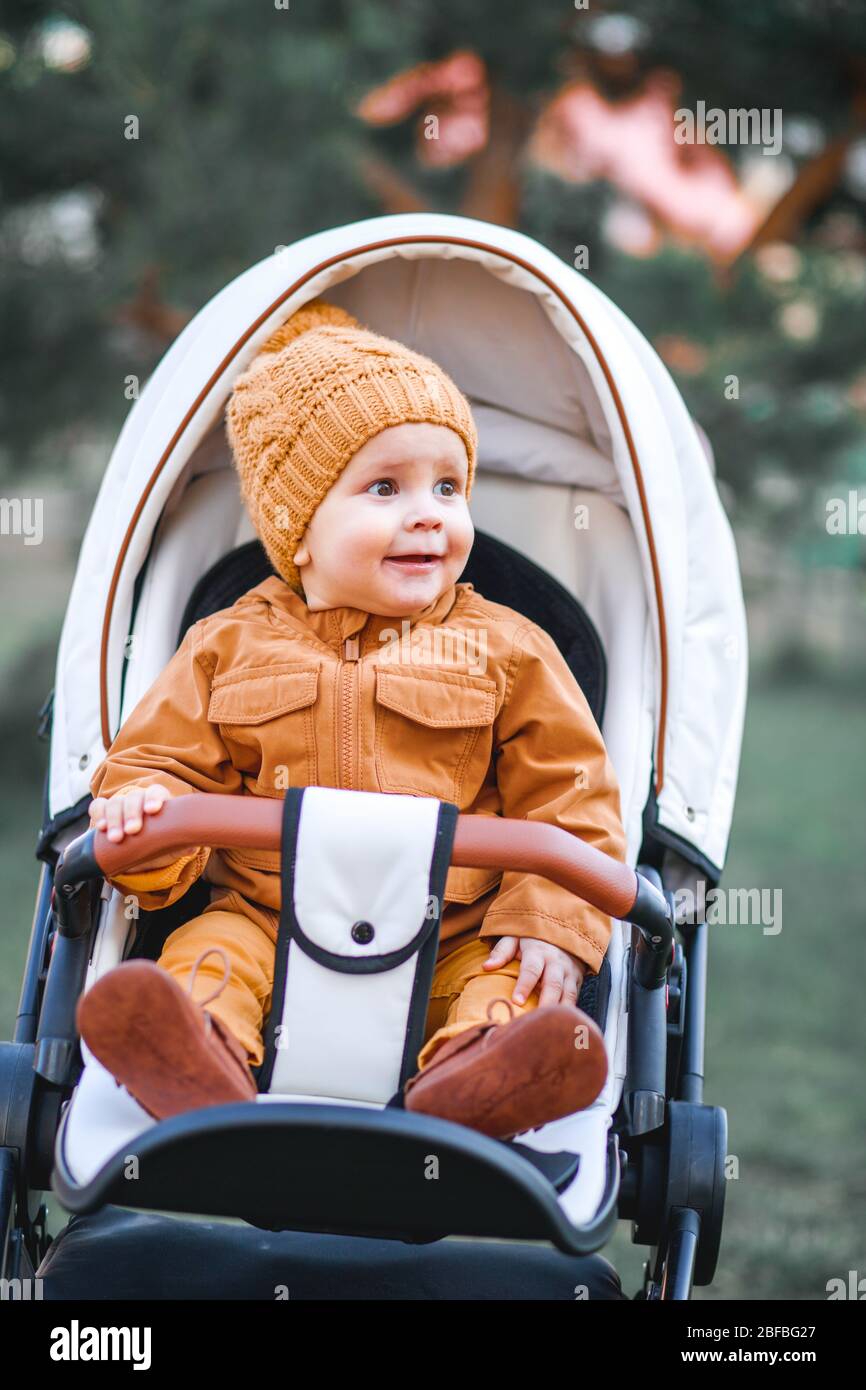 Cute little beautiful one year old boy sitting in a stroller and ...
