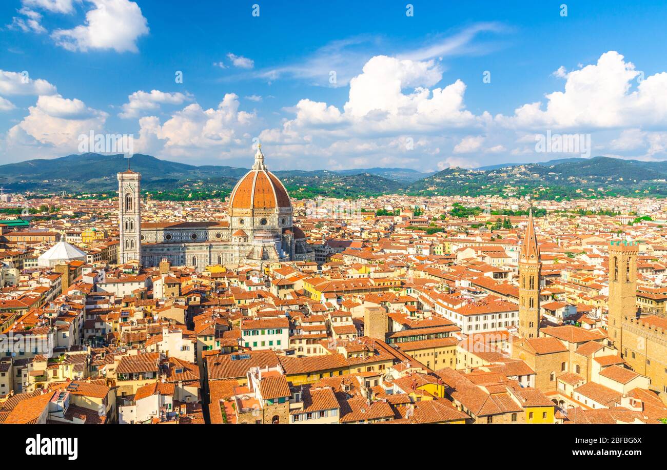Top aerial panoramic view of Florence city with Duomo Cattedrale di ...