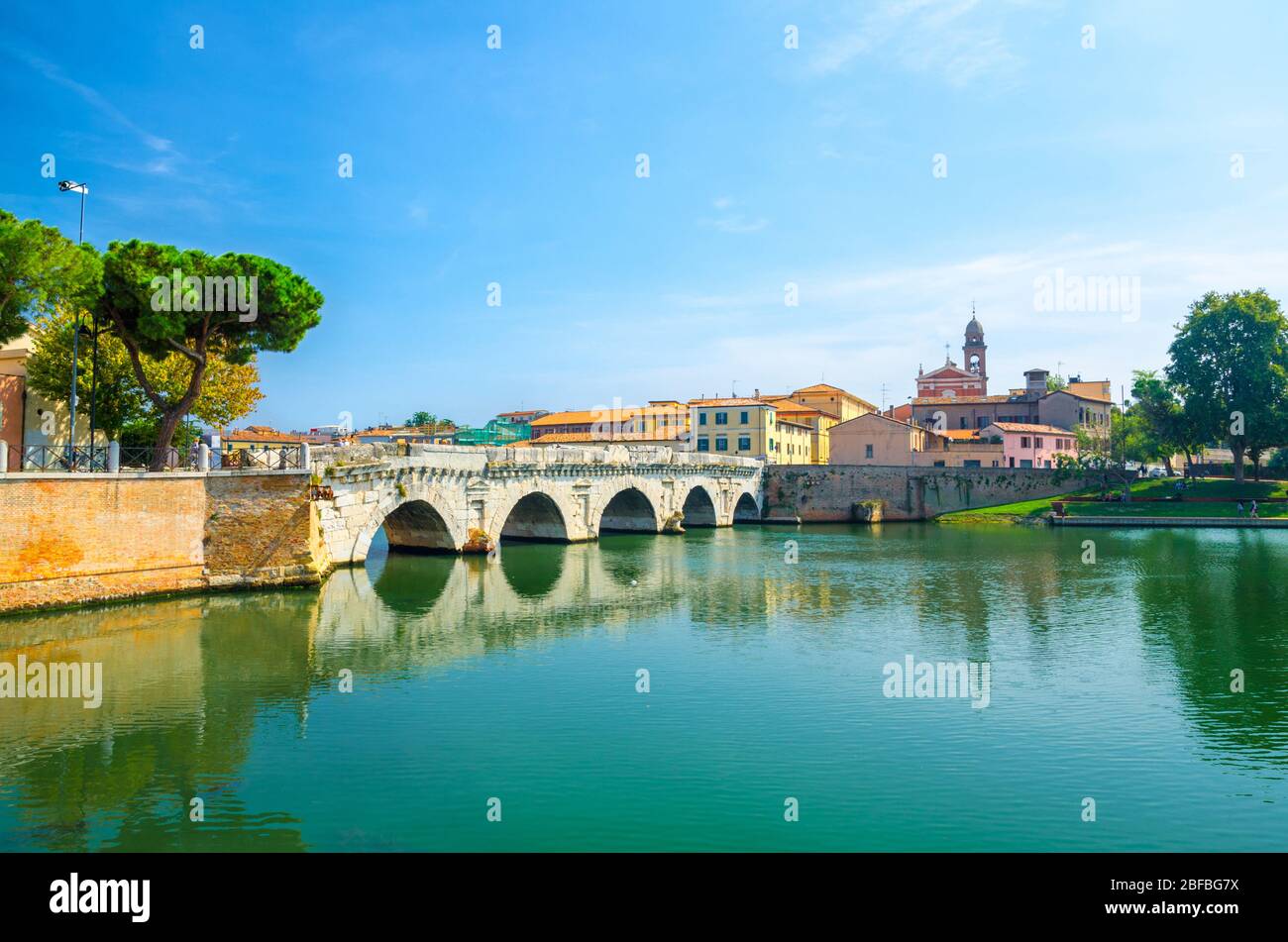 Famous stone arch Tiberius bridge Ponte di Tiberio Augustus over ...