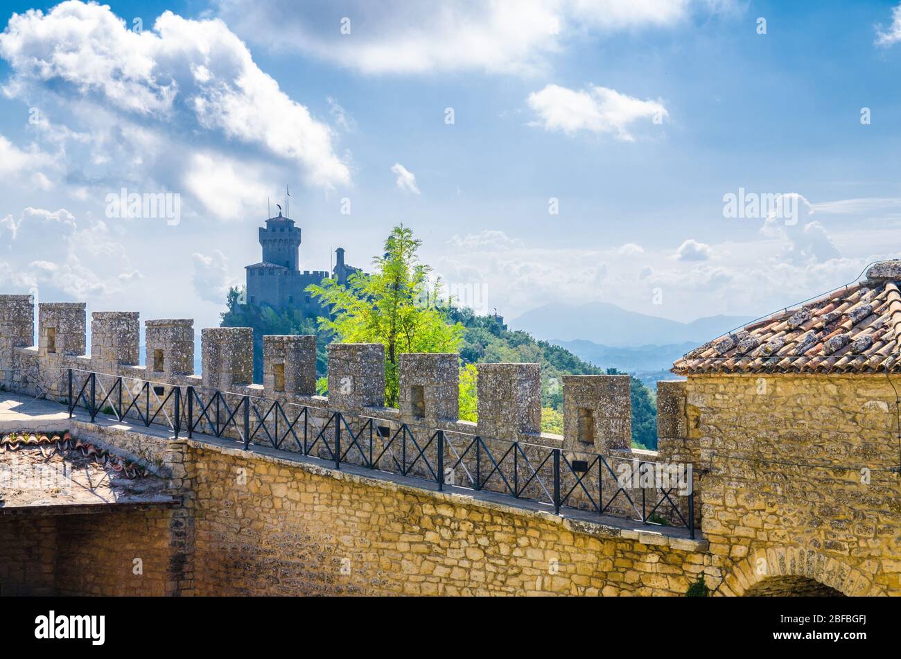 Stone brick fortress wall with merlons of Prima Torre Guaita first ...