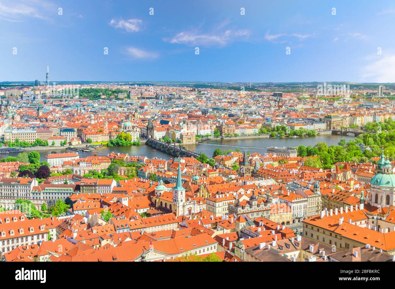 Top aerial panoramic view of Prague historical city centre with red ...