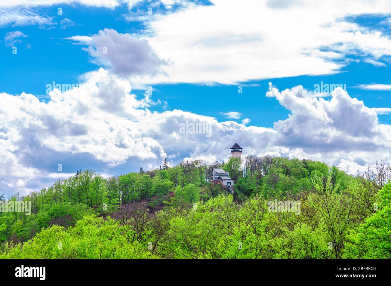 Diana Observation Tower (Rozhledna Diana) and funicular on hill above ...