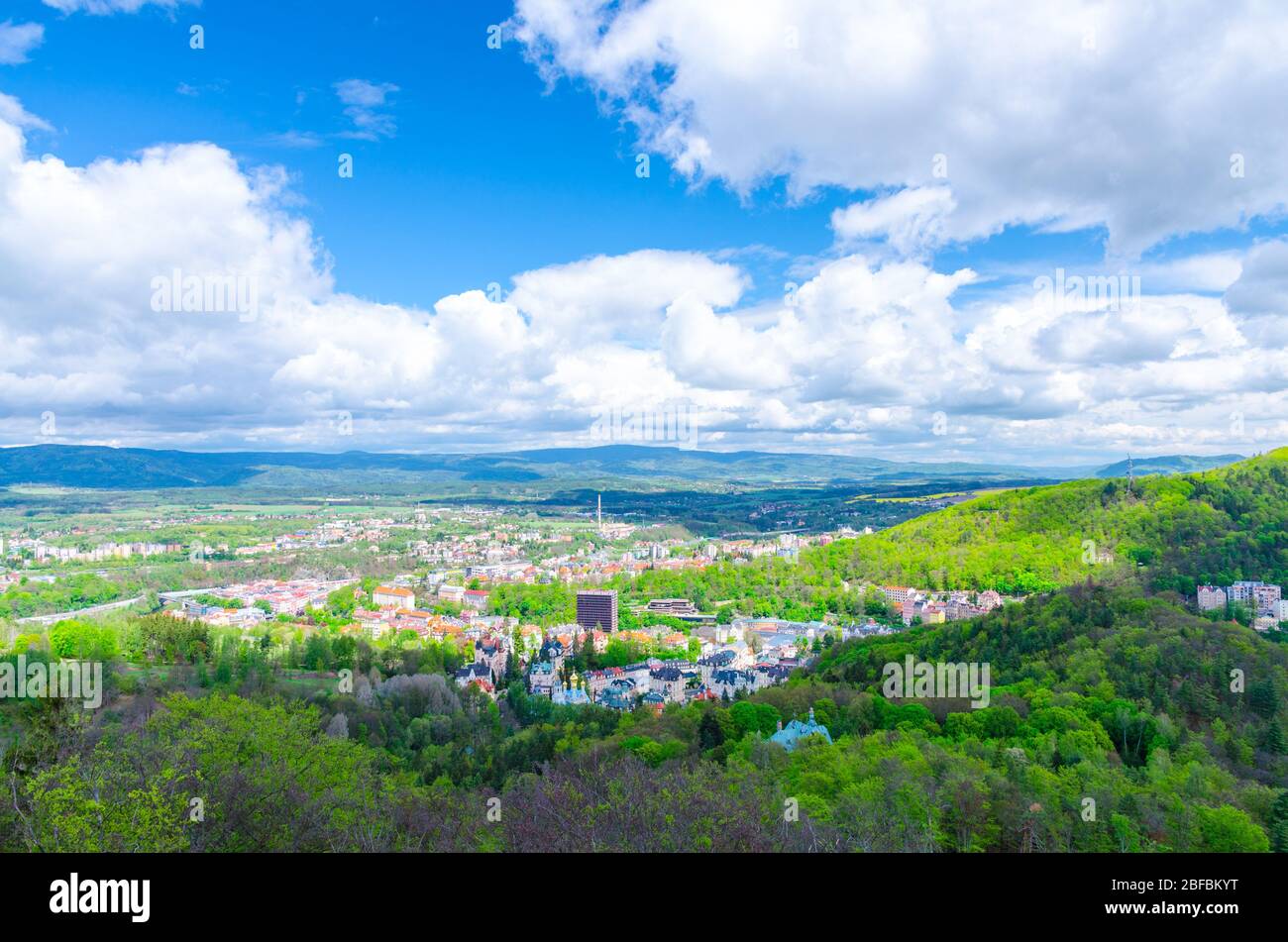 Top aerial panoramic view of Karlovy Vary (Carlsbad) spa town with ...