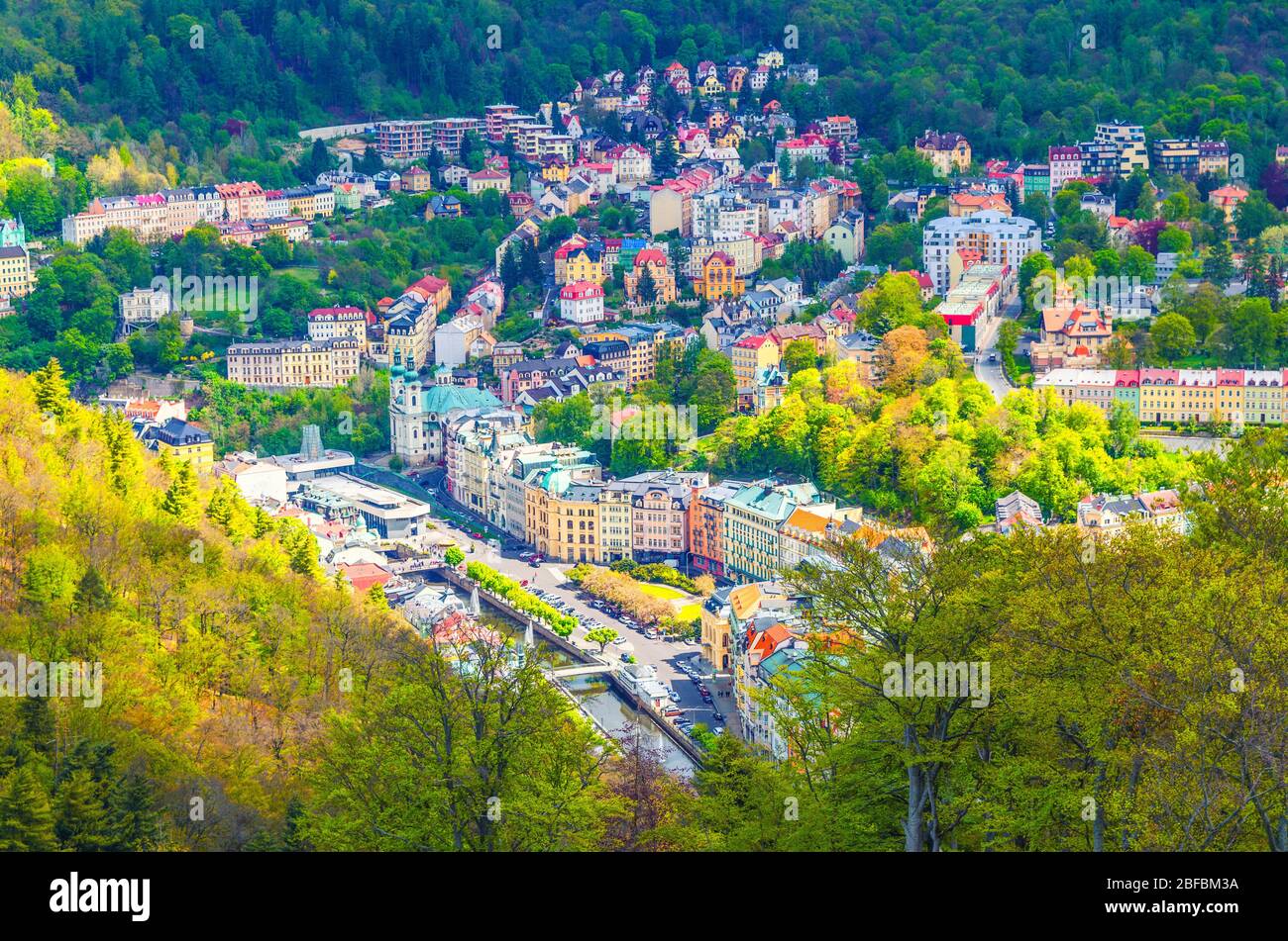 Top aerial panoramic view of Karlovy Vary (Carlsbad) spa town with ...