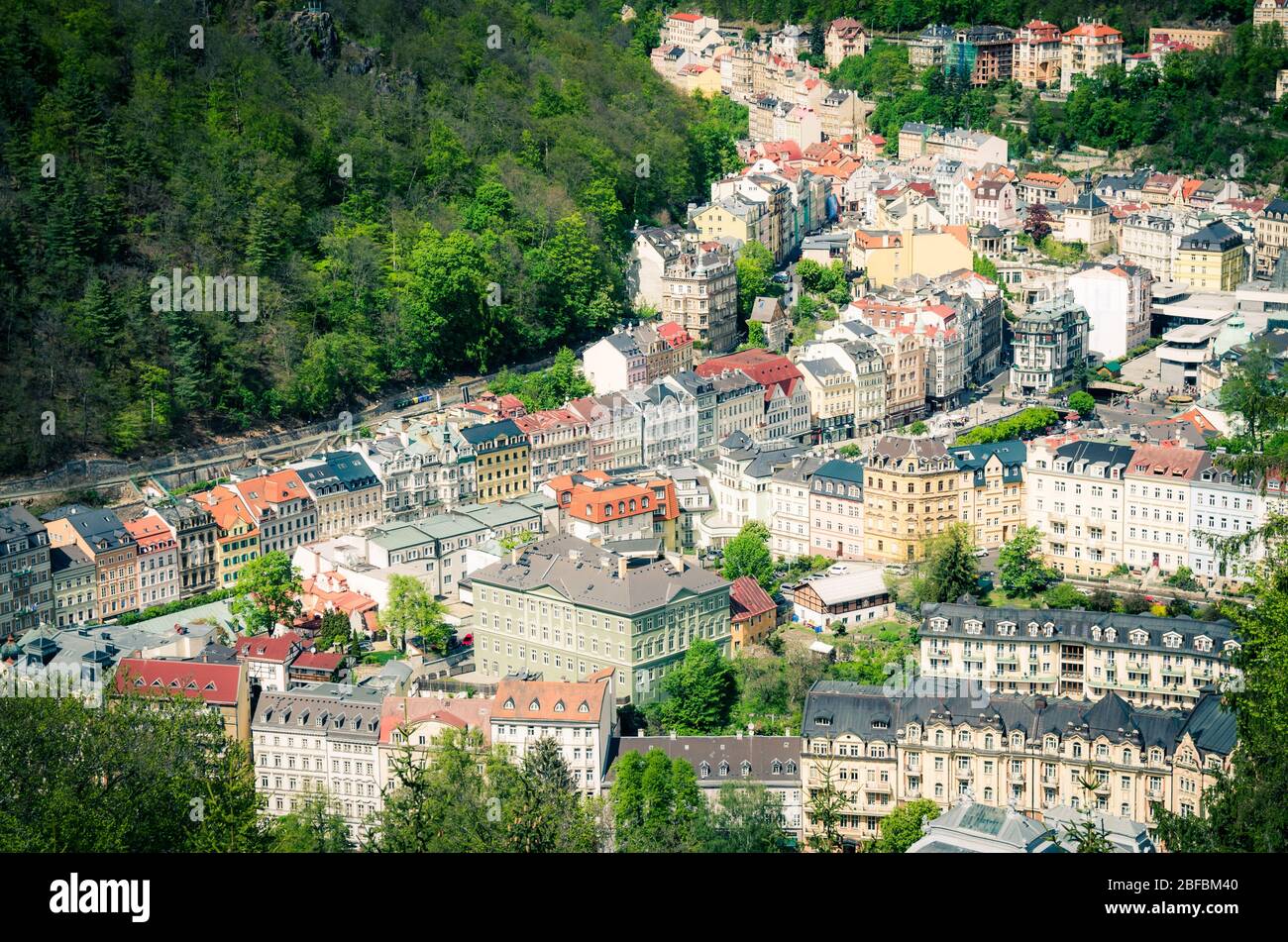 Karlovy Vary (Carlsbad) historical city centre top aerial view with ...