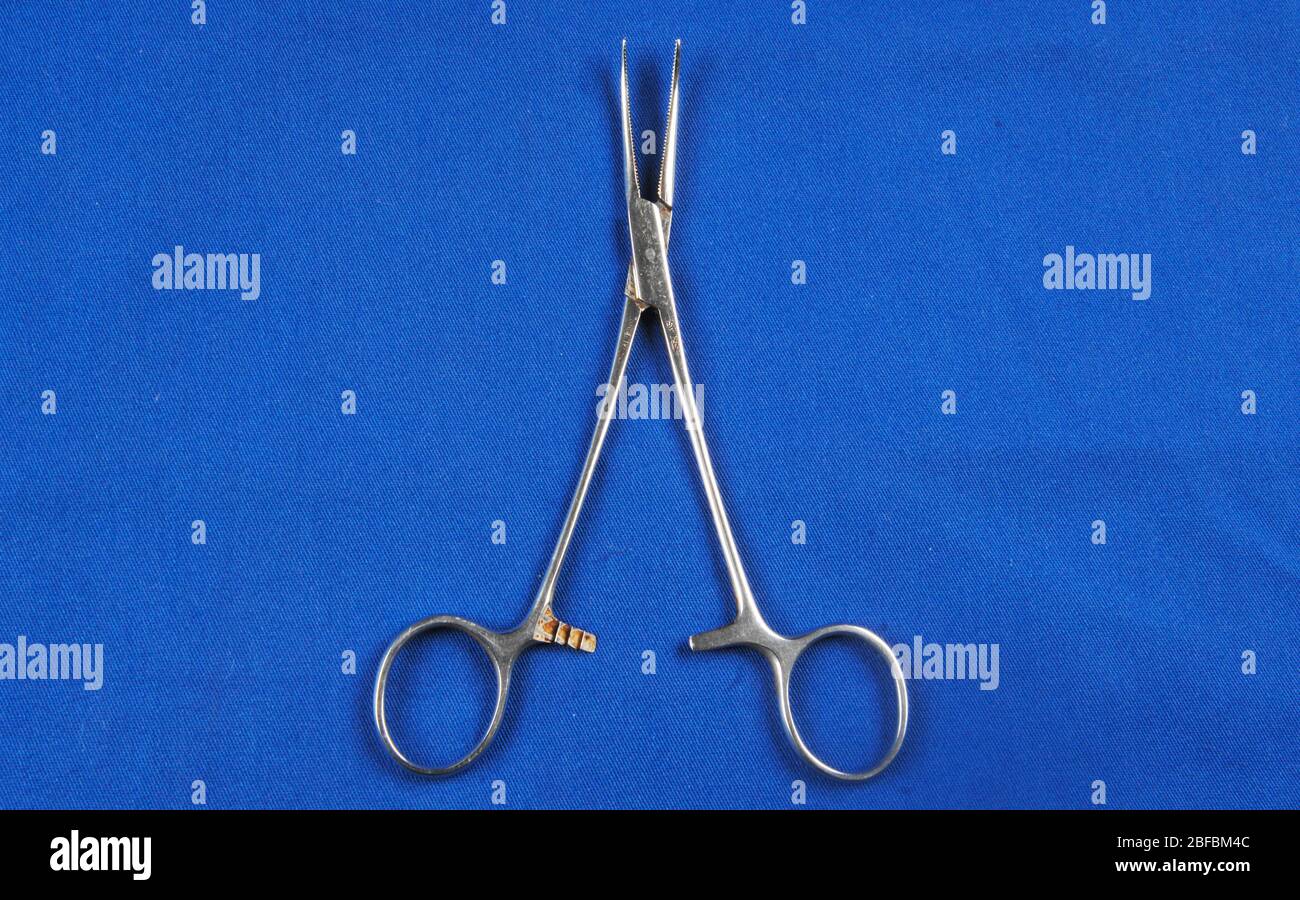 Curved haemostatic clamp. This is used to occlude blood vessels. There ...