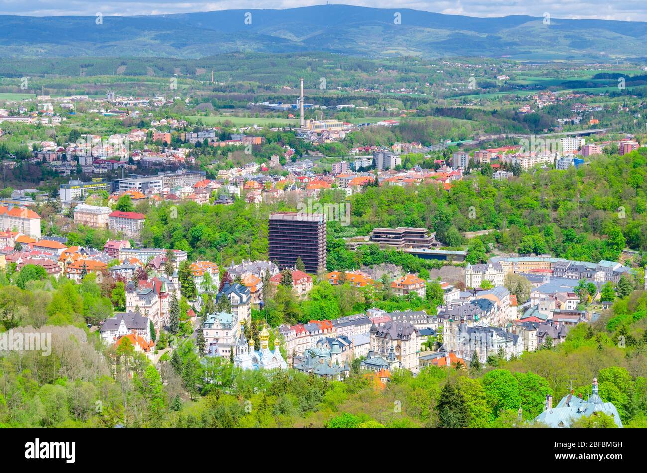 Top aerial panoramic view of Karlovy Vary (Carlsbad) spa town with ...