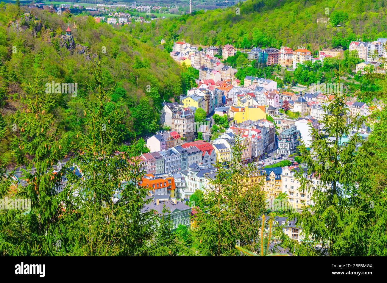 Karlovy Vary (Carlsbad) historical city centre top aerial view with ...