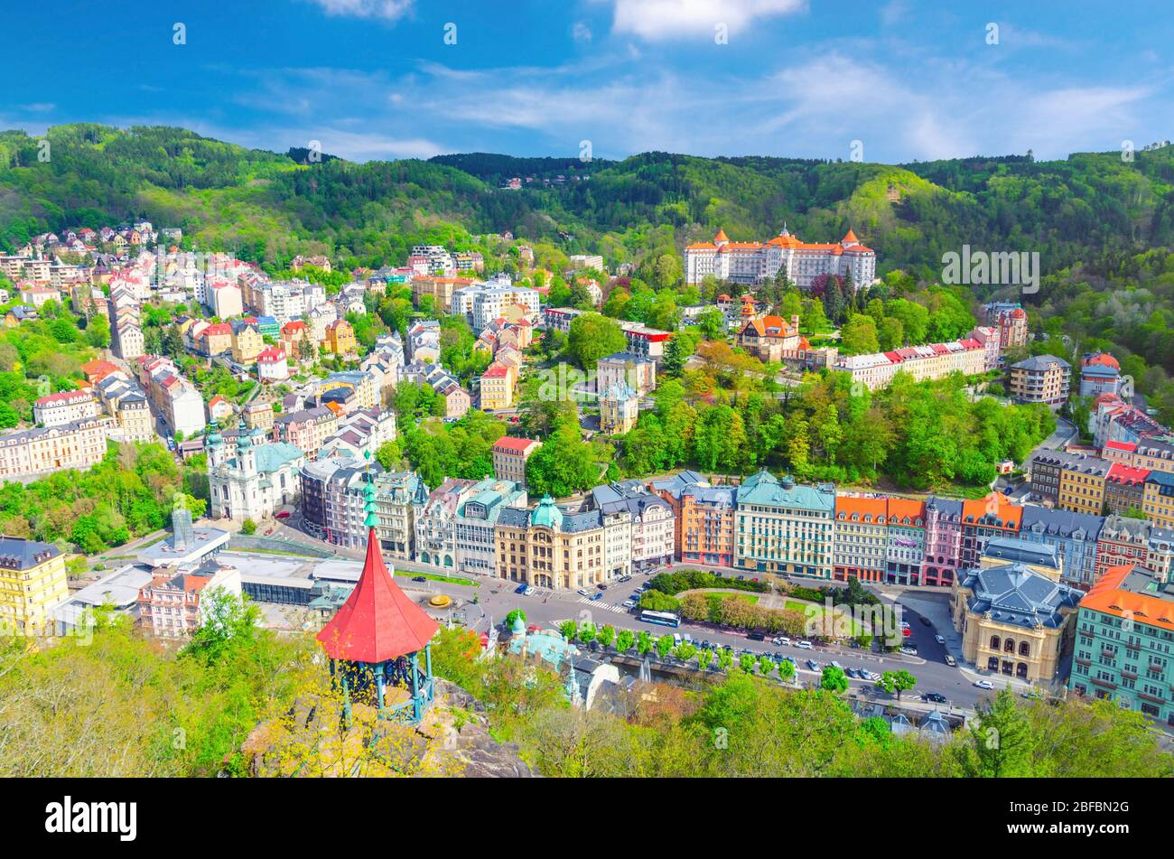 Karlovy Vary (Carlsbad) historical city centre top aerial view with ...
