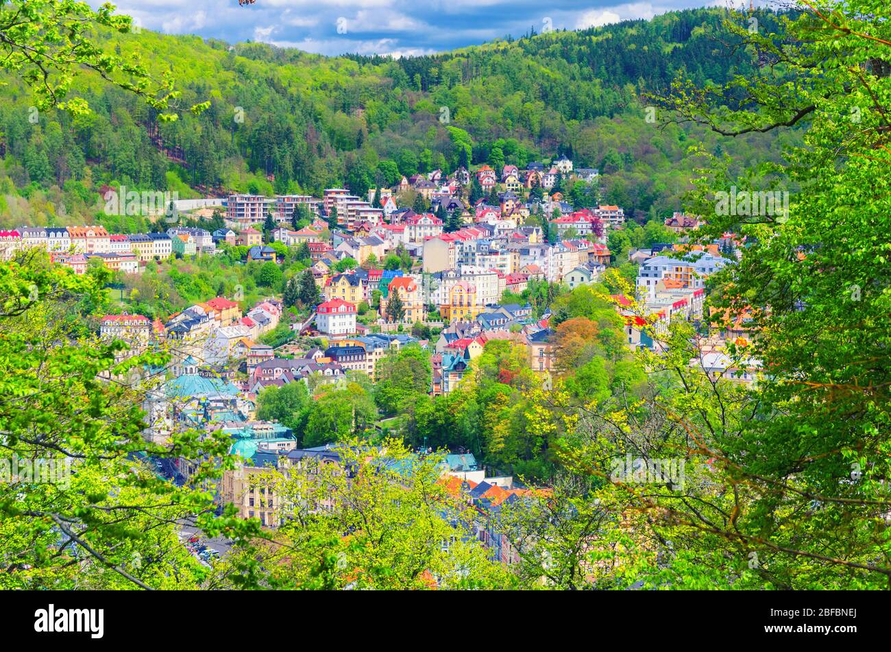 Top aerial panoramic view of Karlovy Vary (Carlsbad) spa town with ...