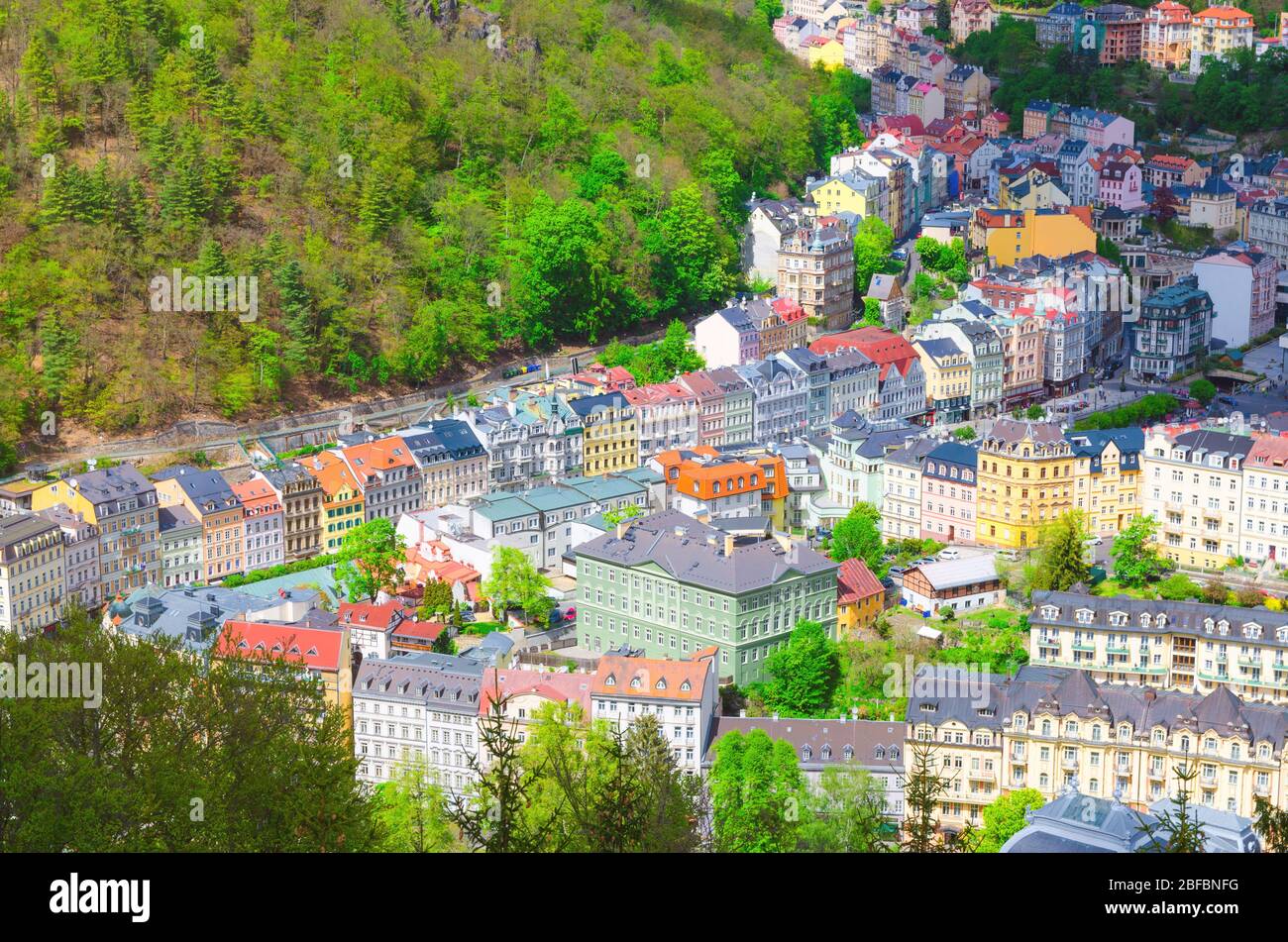 Karlovy Vary (Carlsbad) historical city centre top aerial view with ...