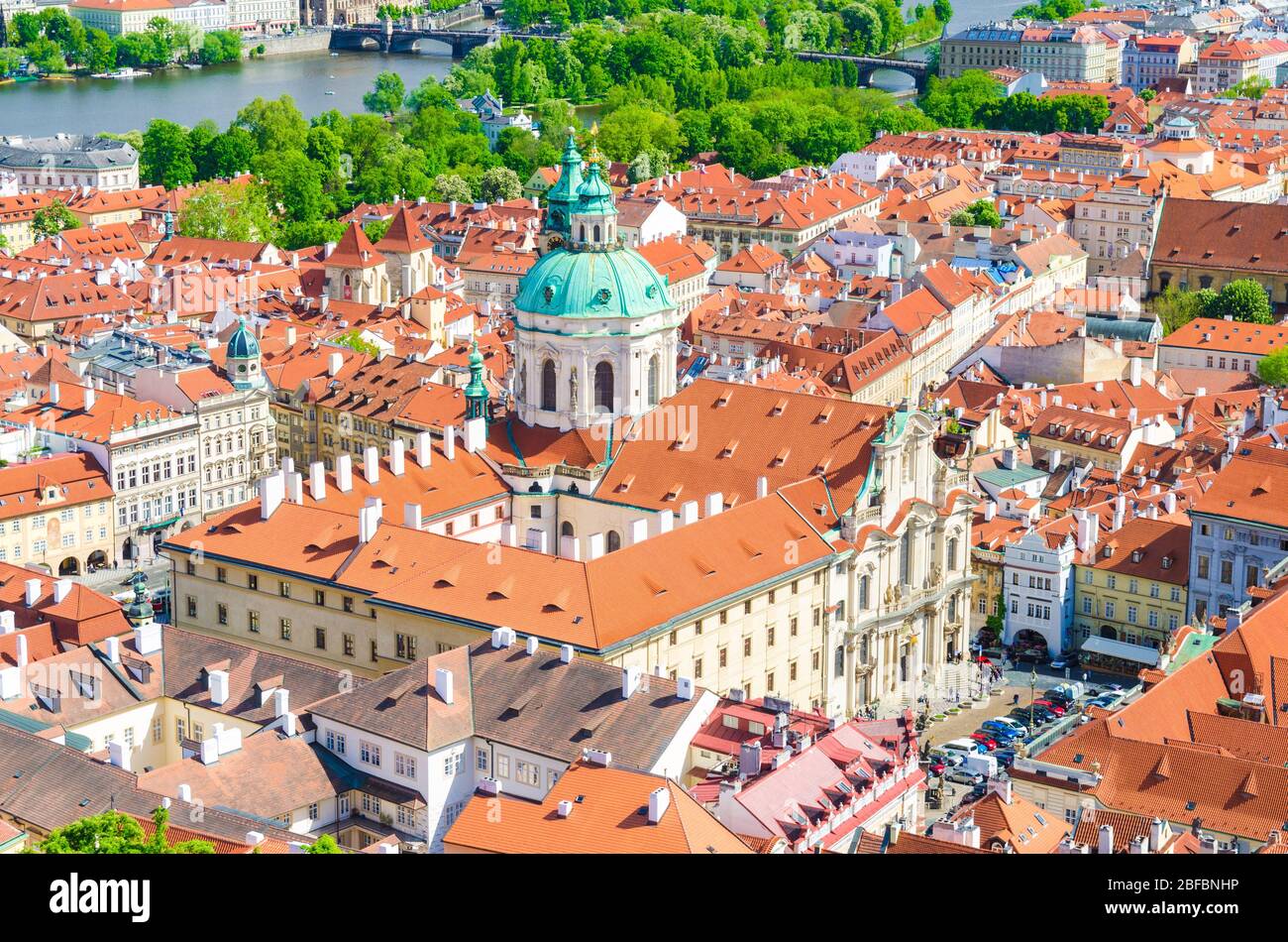 Top aerial view of Prague historical city centre with red tiled roof ...
