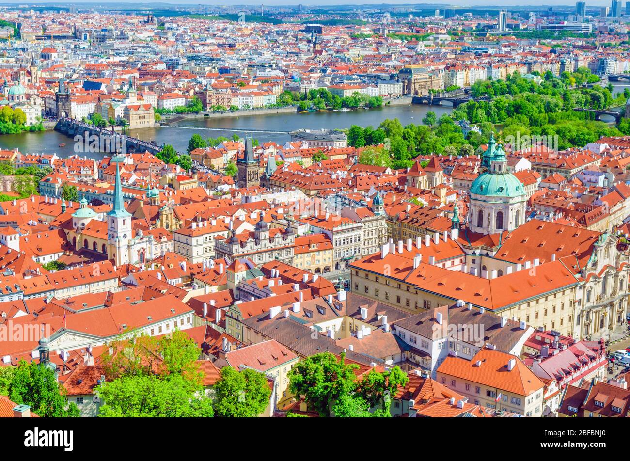 Top aerial view of Prague historical city centre with red tiled roof ...