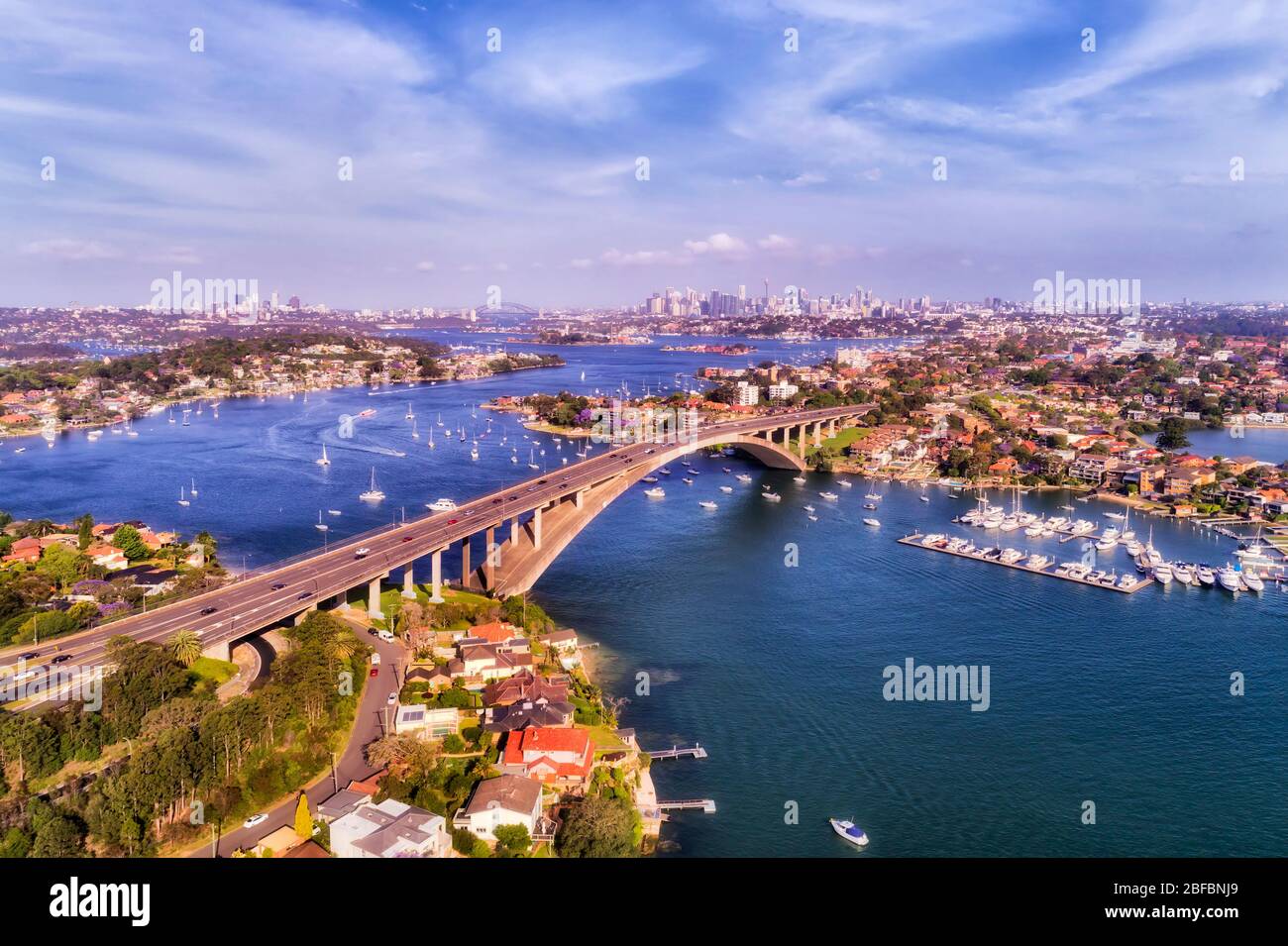 Gladesville bridge across Parramatta river in aerial view towards ...