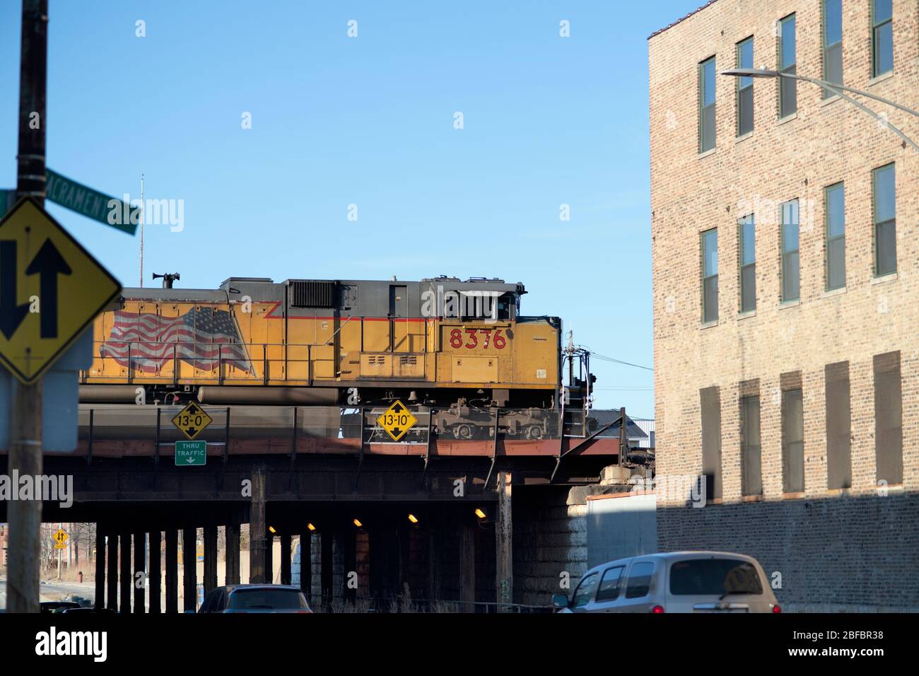 Chicago, Illinois, USA. A locomotive leads a Union Pacific local ...