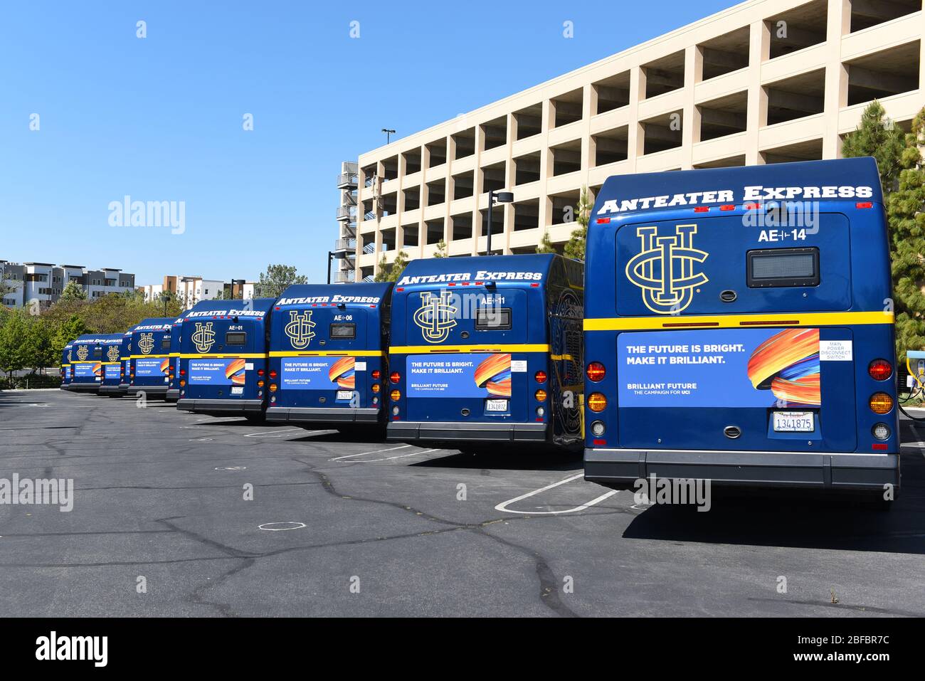 IRVINE, CALIFORNIA - 16 APRIL 2020: Anteater Express busses. The ...