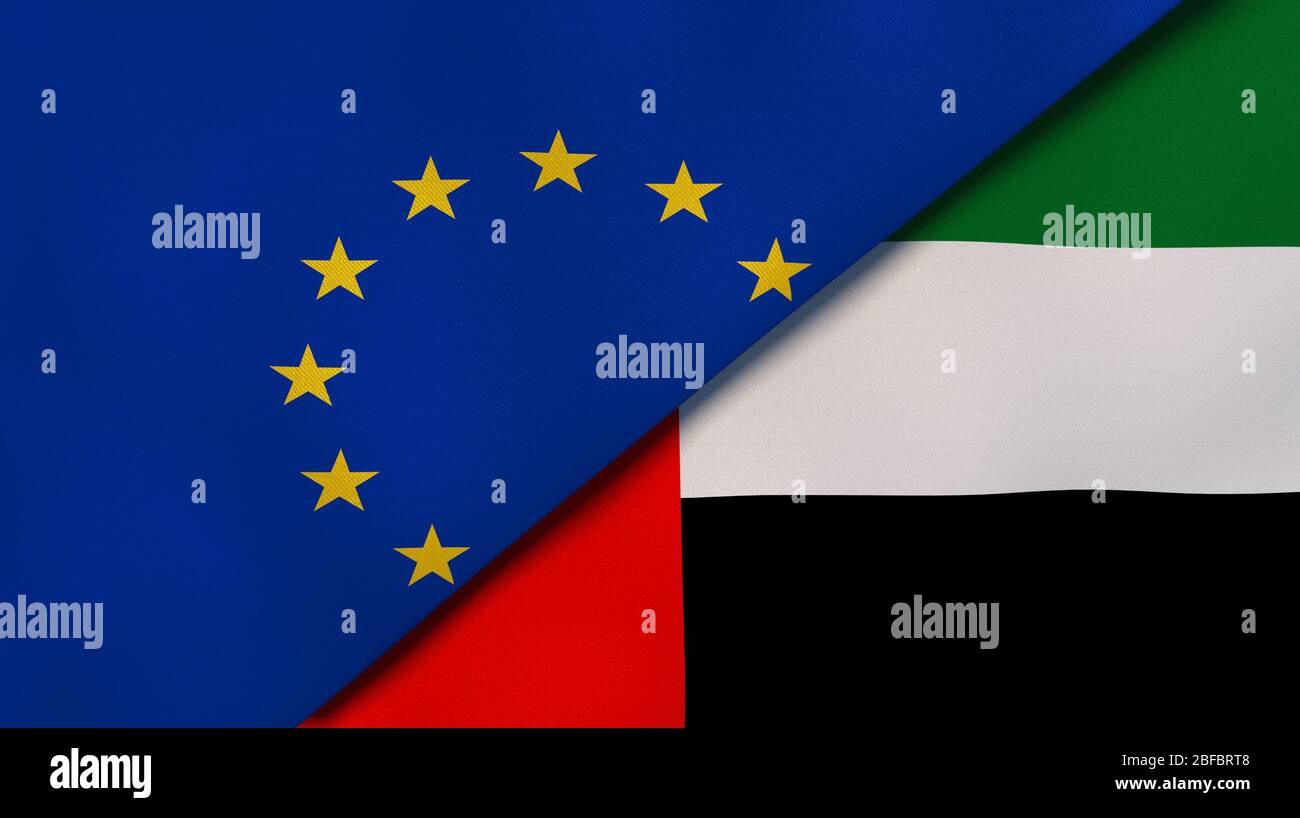 Two states flags of European Union and United Arab Emirates. High ...