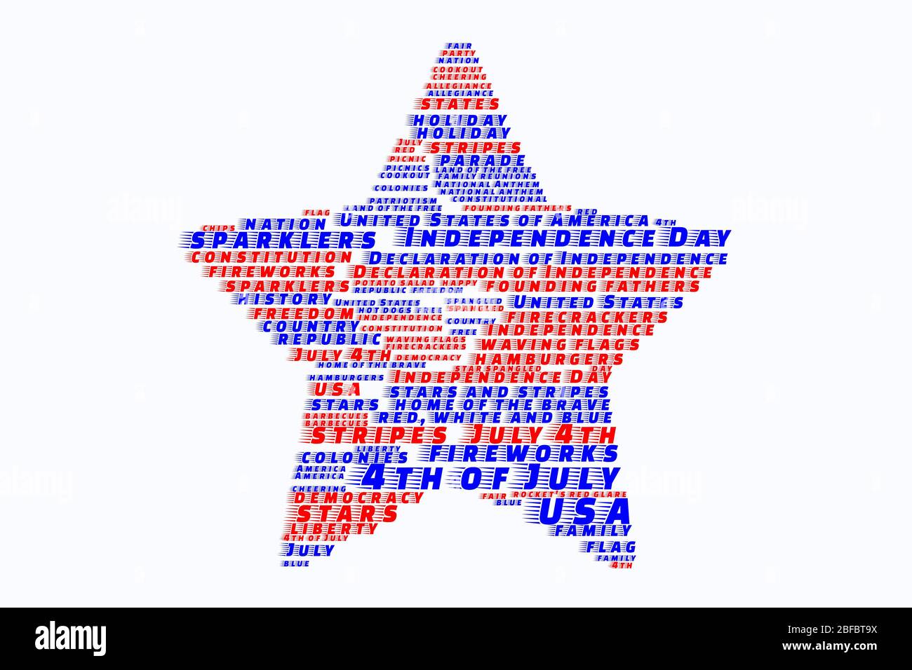 Independence day, USA, word cloud shaped like a star, red and blue on ...