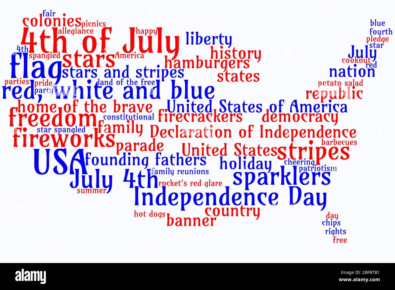 4th of July holiday word cloud in the shape of the United States Stock ...