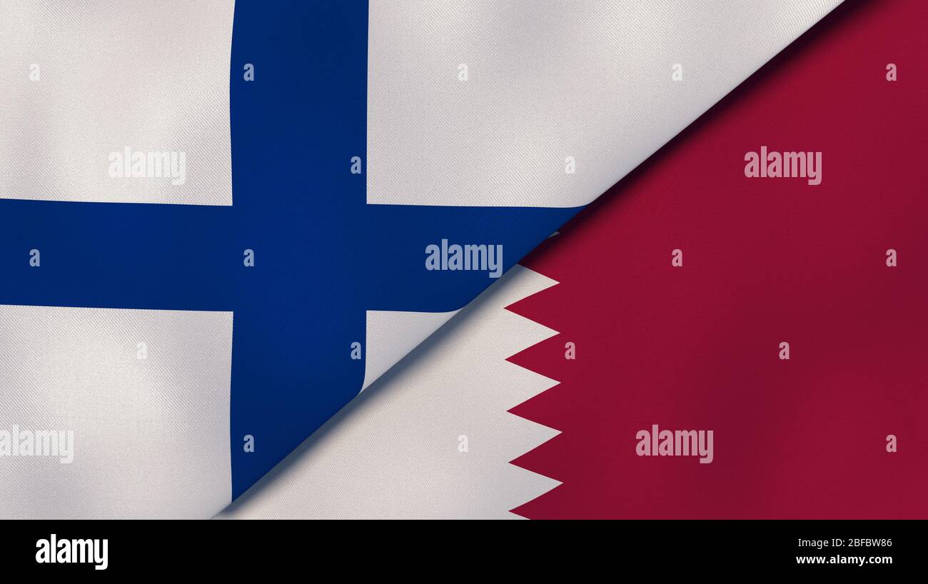 Two states flags of Finland and Qatar. High quality business background ...