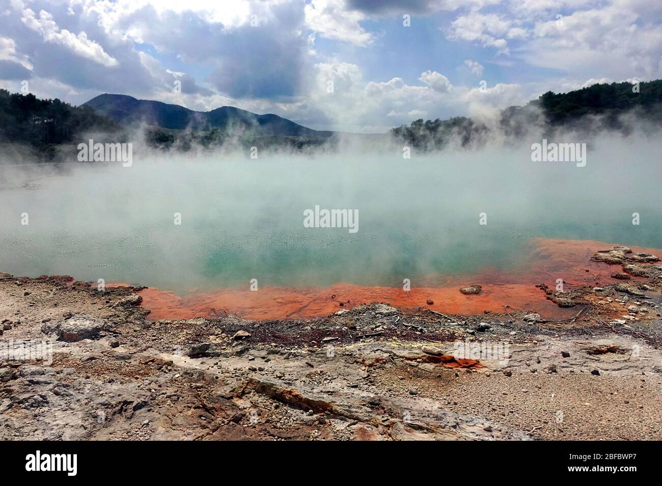 Panoramic view of thermal lake Champagne Pool at Wai-O-Tapu near ...