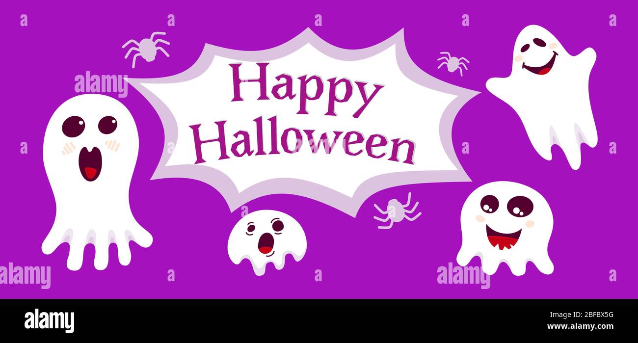 Happy halloween empty banner with different ghosts and spiders cartoon ...