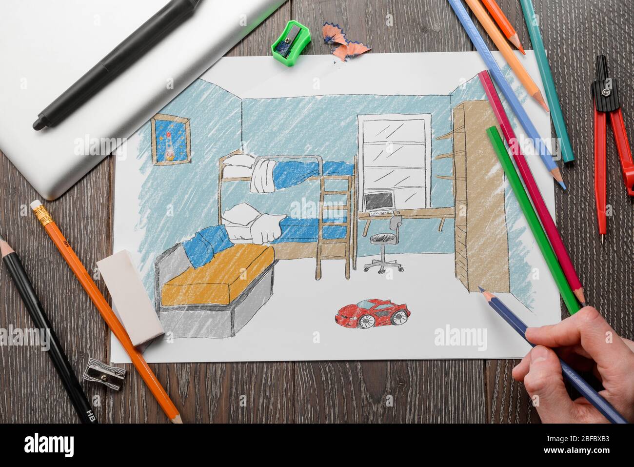 Boy's room hand-drawn sketch. Modern interior design project Stock ...