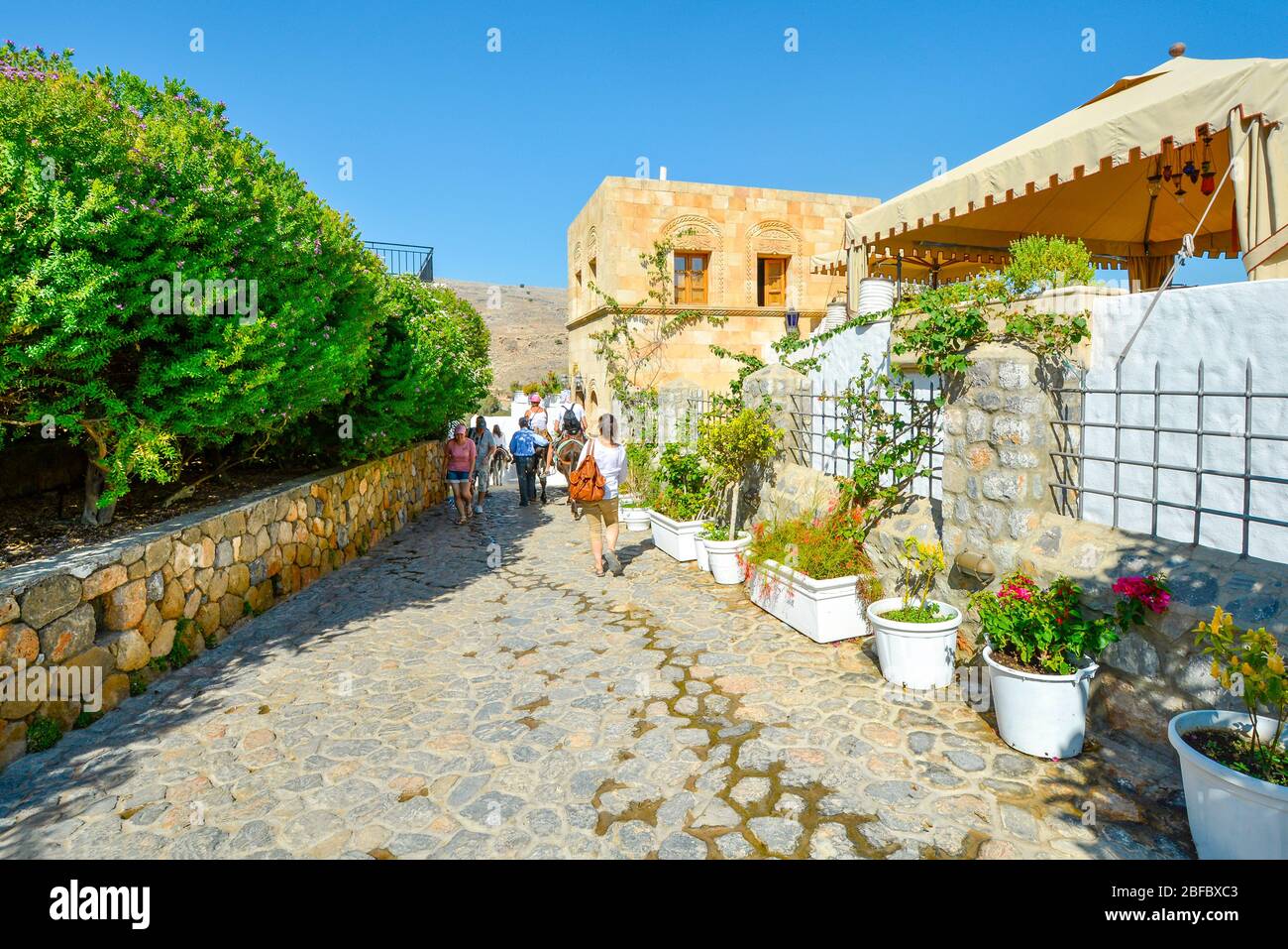 Tourists and donkeys carrying tourists walk a narrow stone path near ...