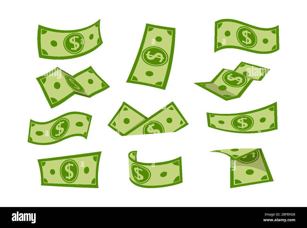 Money banknotes flat cartoon set. Green dollar in various positions ...