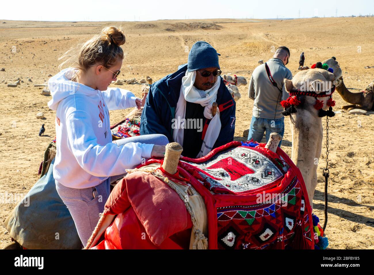A teenage girl prepares to ride a camel at the Giza Pyramid Complex ...